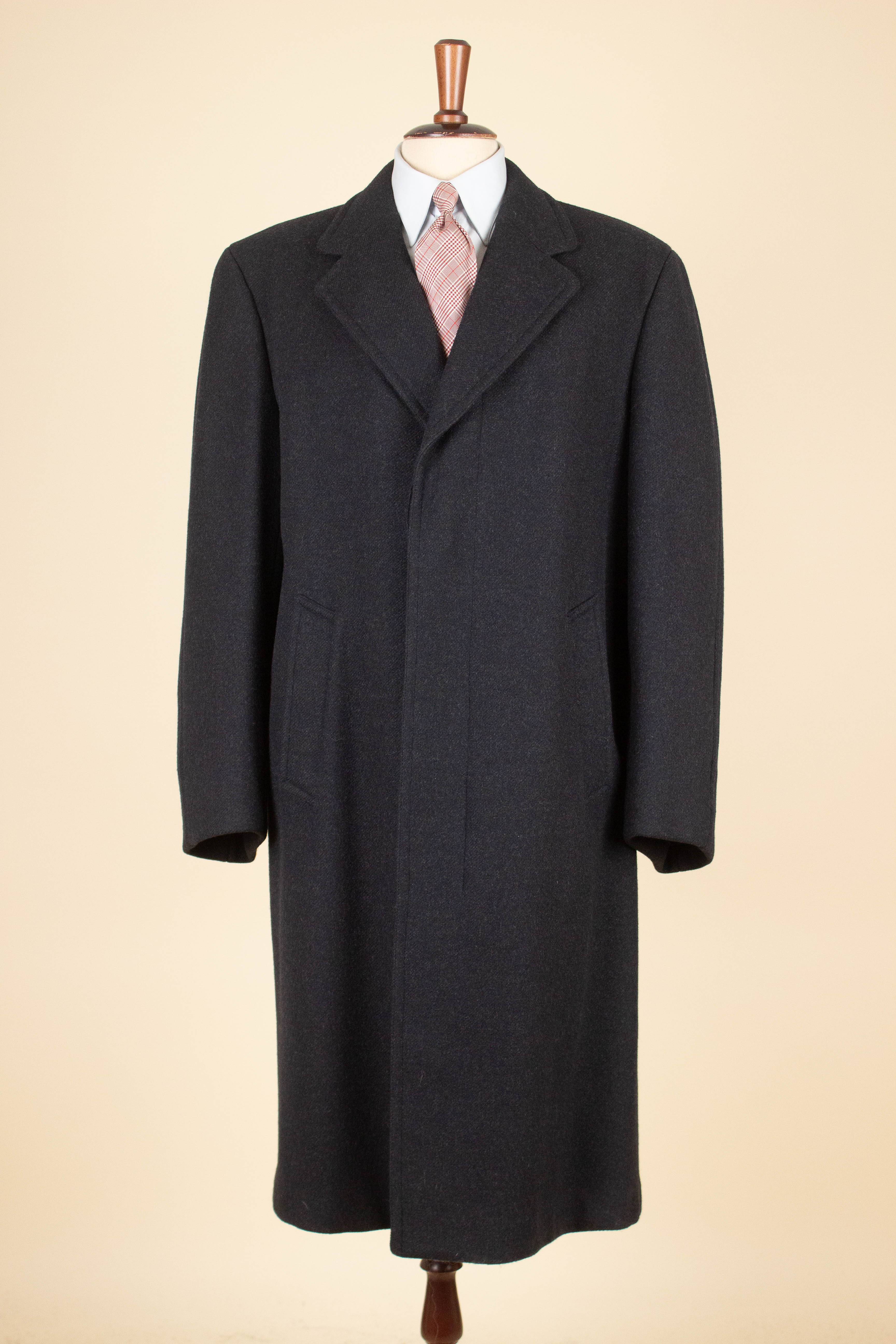SWEDISH 1940S/1950S DARK GREY SINGLE BREASTED OVERCOAT BY JUNEX. SIZE – A. MARCHESAN